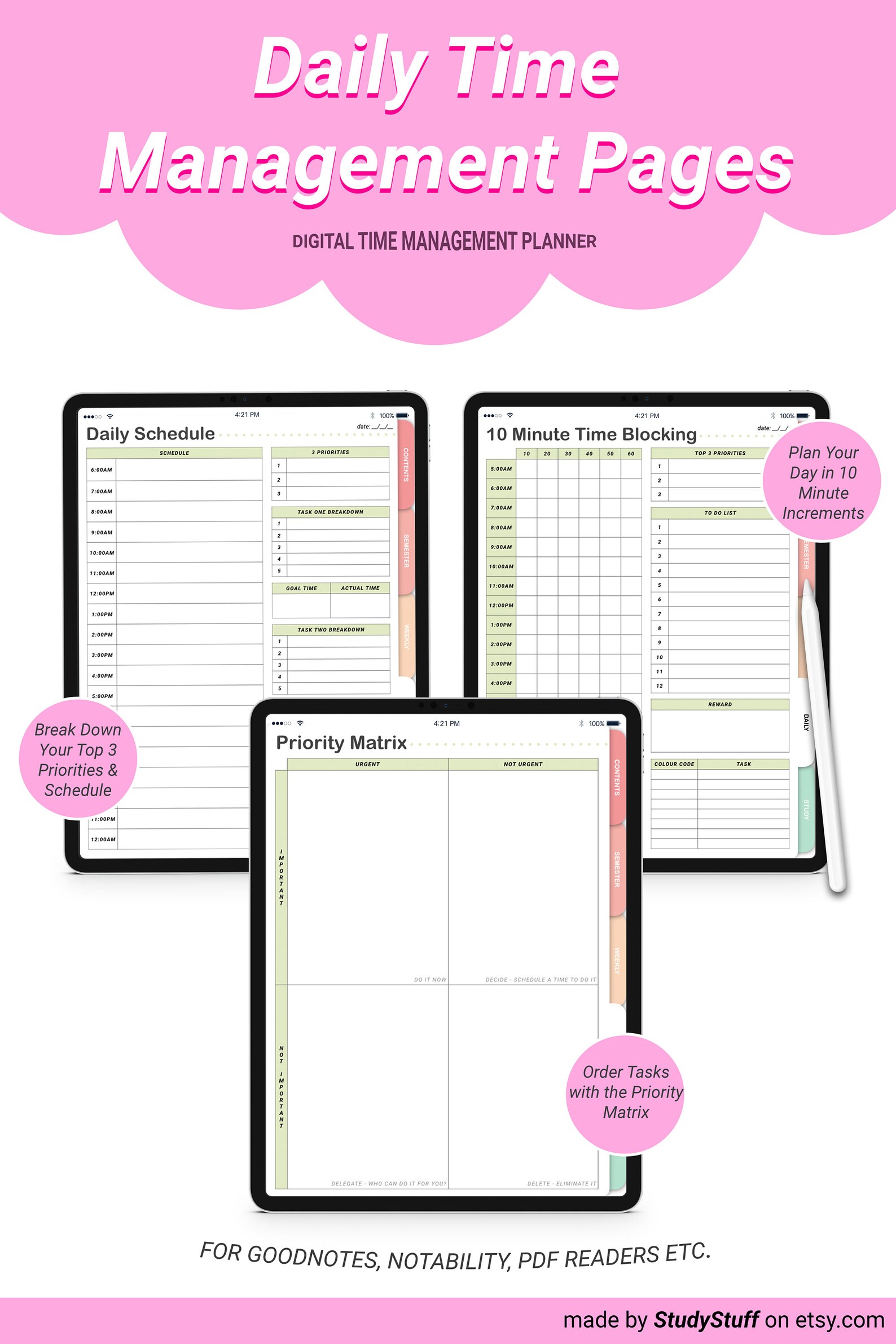 Student Time Management Productivity Digital Planner | Study Planning ...
