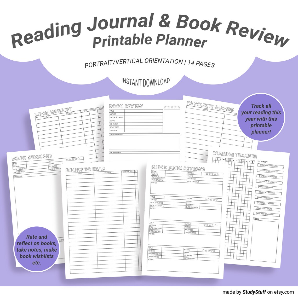 Reading Journal & Book Review Printable Planner Reading Tracker Book ...