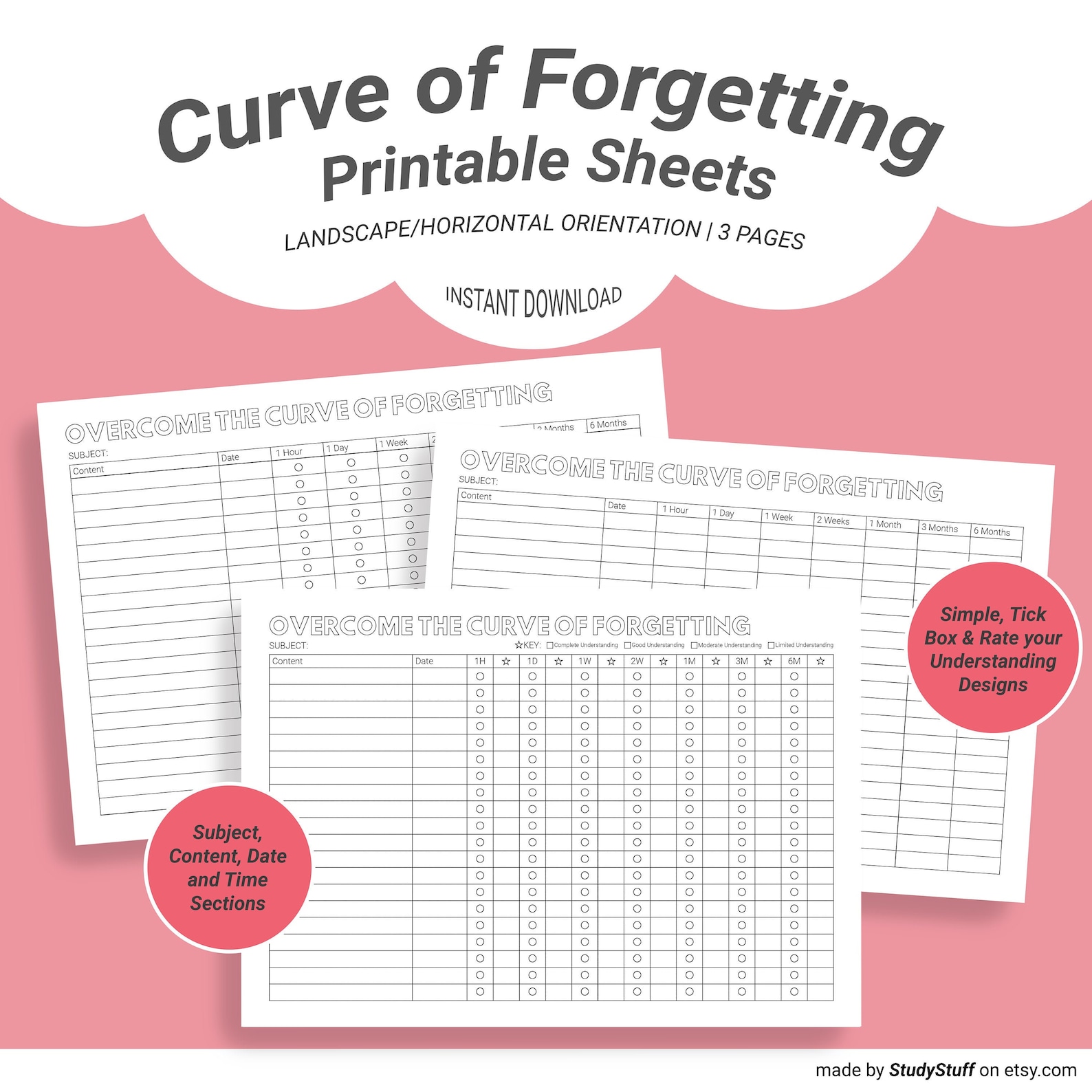 Overcome the Curve of Forgetting Study Printable Sheets | Spaced ...