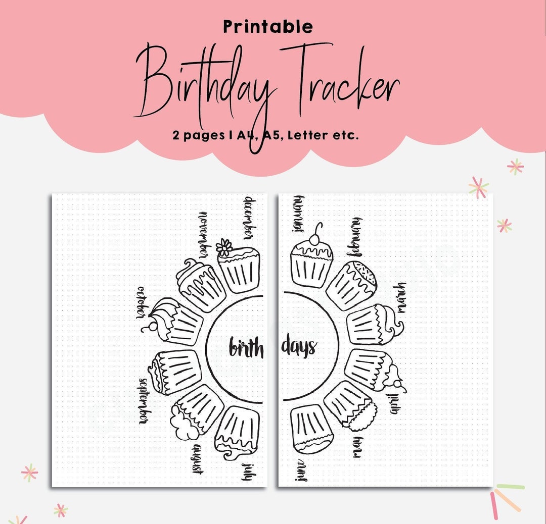 Birthday Tracker Bullet Journal | Bday Colour-in Cupcake Bujo Printable ...