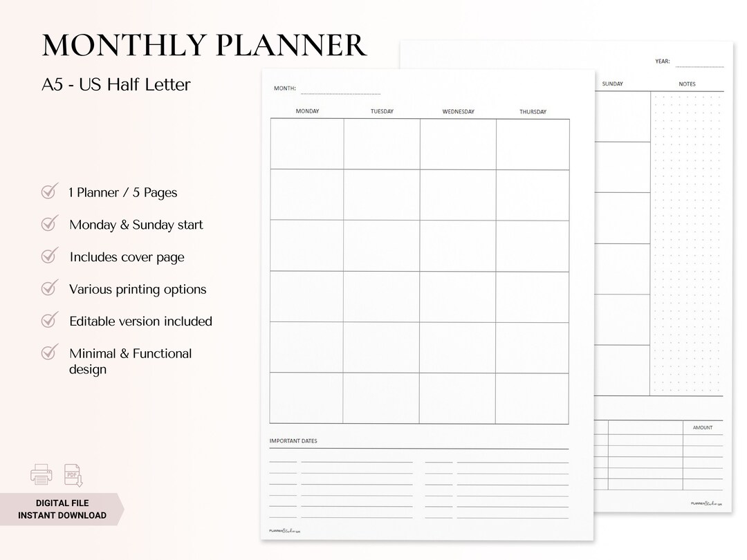 A5 US Half Letter Monthly Planner, MO2P, Undated Monthly Inserts ...