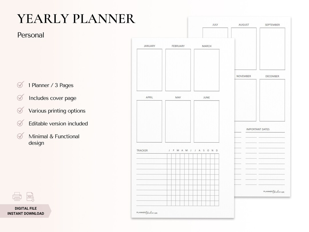 Personal Yearly Planner, YO2P, Year at A Glance, Yearly Overview ...