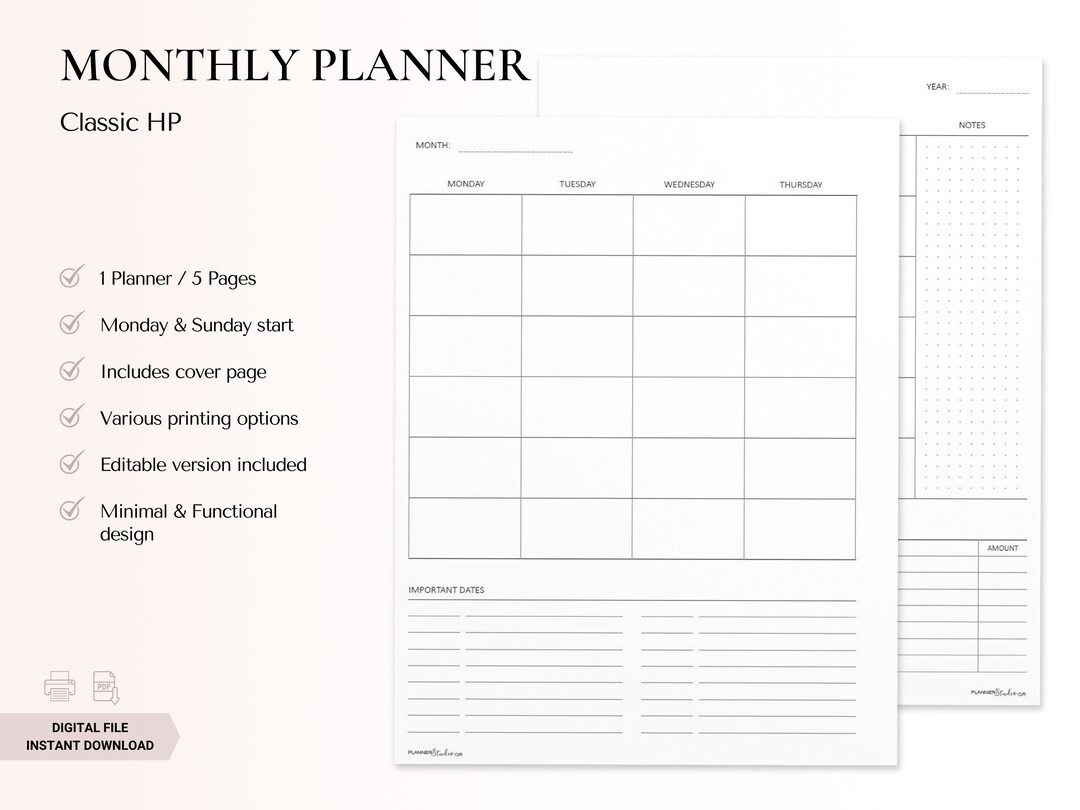 Classic HP Monthly Planner, MO2P, Undated Monthly Inserts, Editable PDF ...