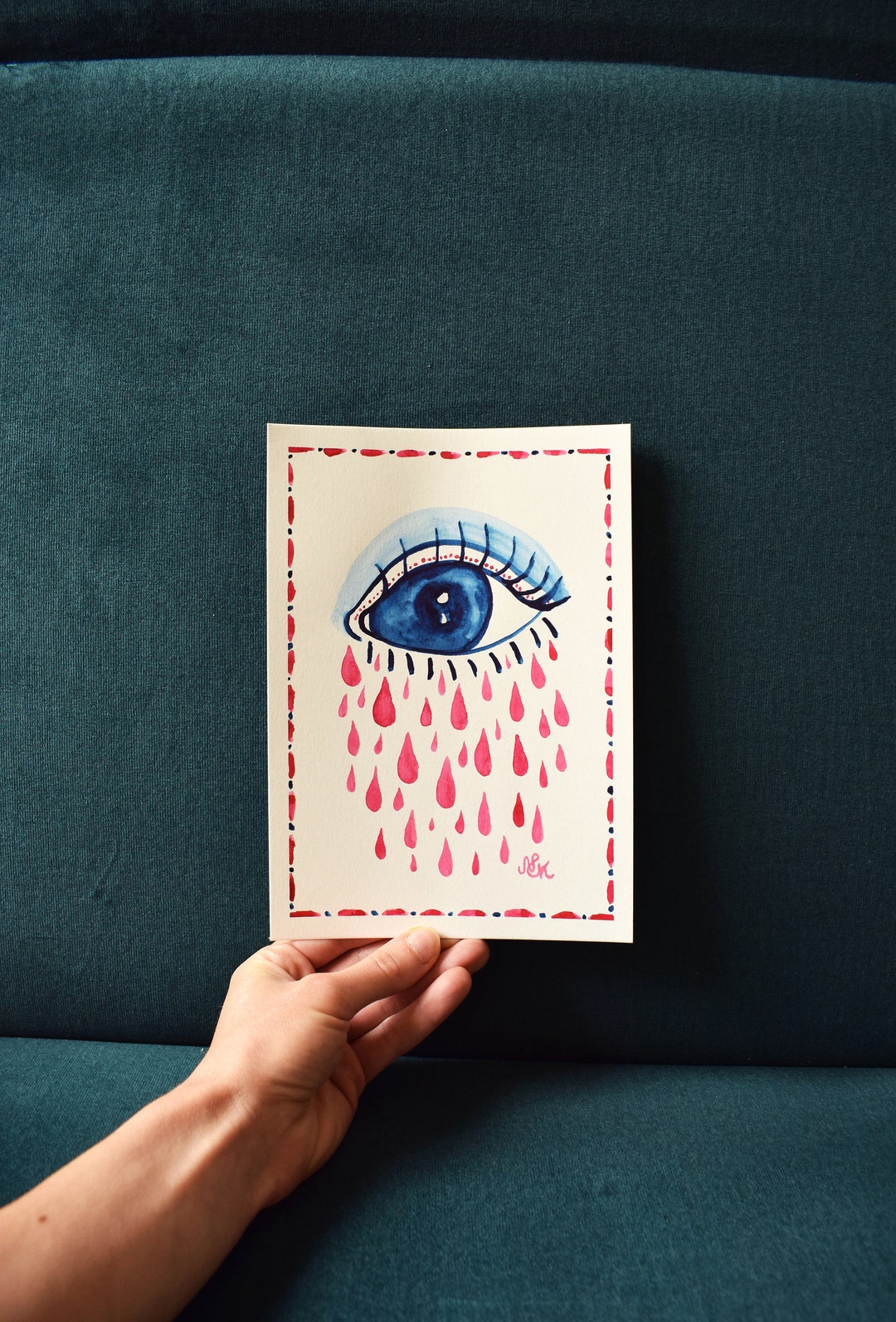 Blue Eye Crying With Pink Tears Original Watercolor Illustration - Etsy