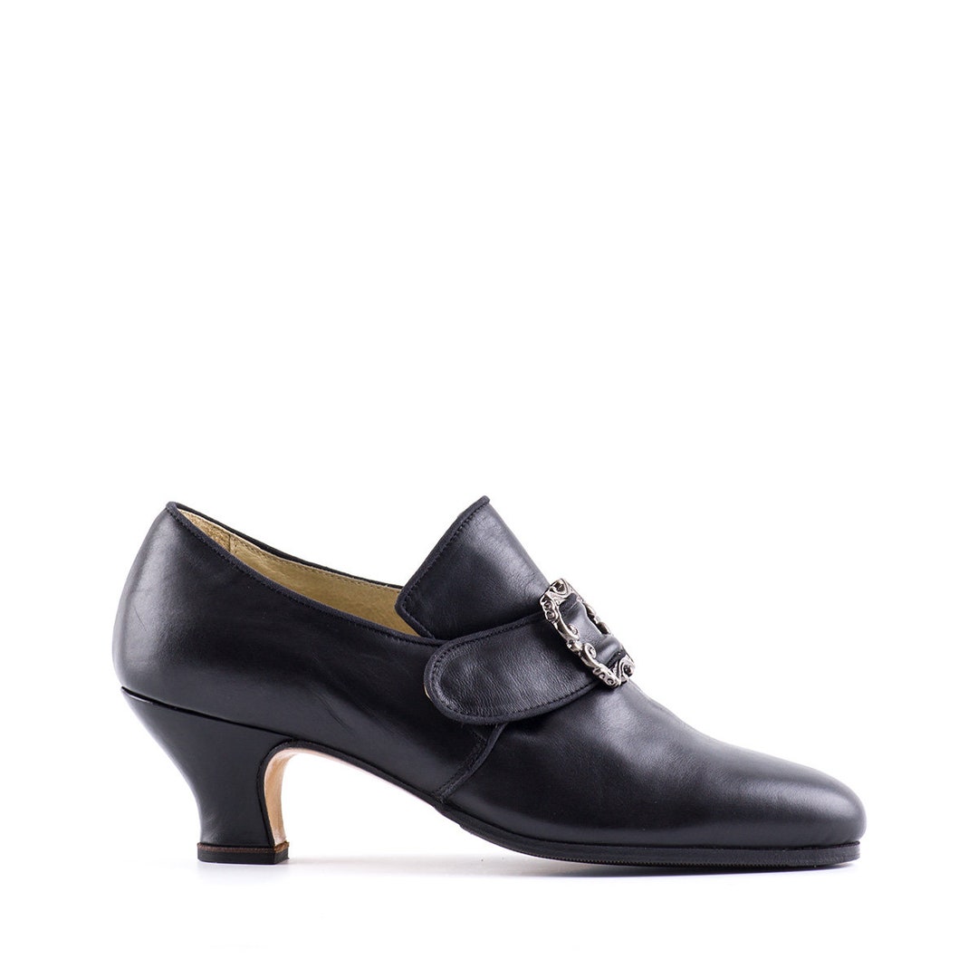 18th Century Woman Shoe, Black Leather Historical Costume With Buckle ...