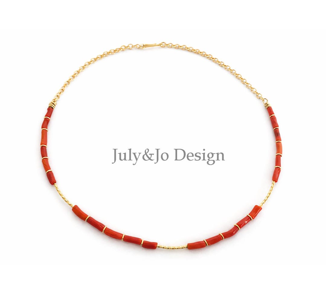 Red Coral & Gold Filled Choker Necklace / Natural Red Mediterranean Sea ...