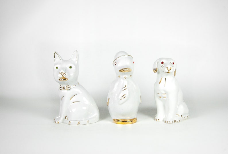 Vintage Porcelain Animals, Animals Set of 3, Animal Statue, Dog, Cat ...