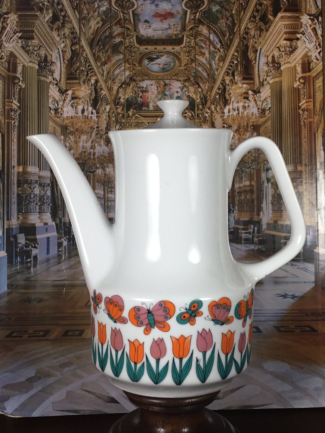 Vintage Teapot and Milk Pot, Porcelain Teapot, Butterflies, Tulips ...