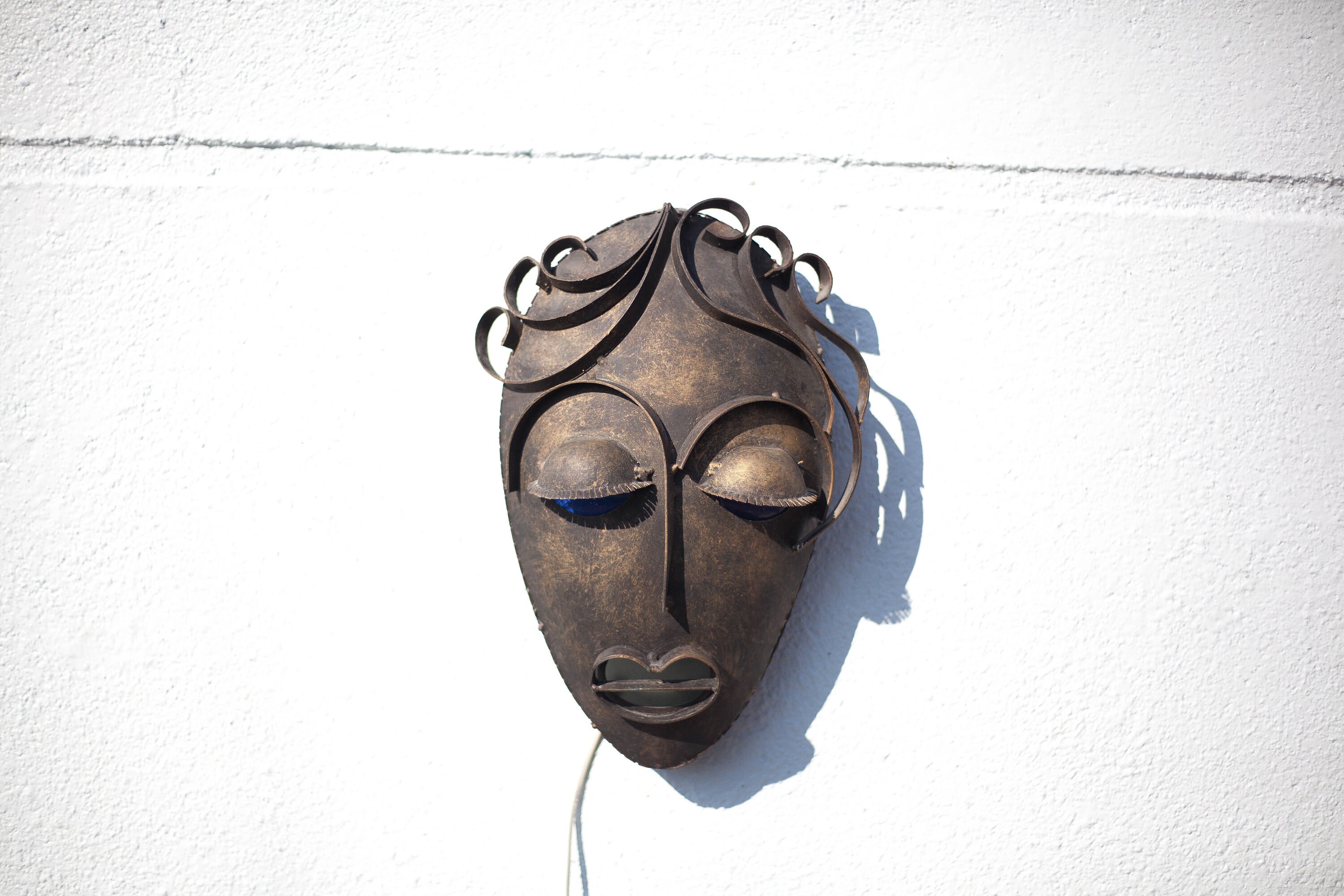 Wrought Iron Face-shaped Wall Light, Vintage Artisanal Wall Light, Wall ...