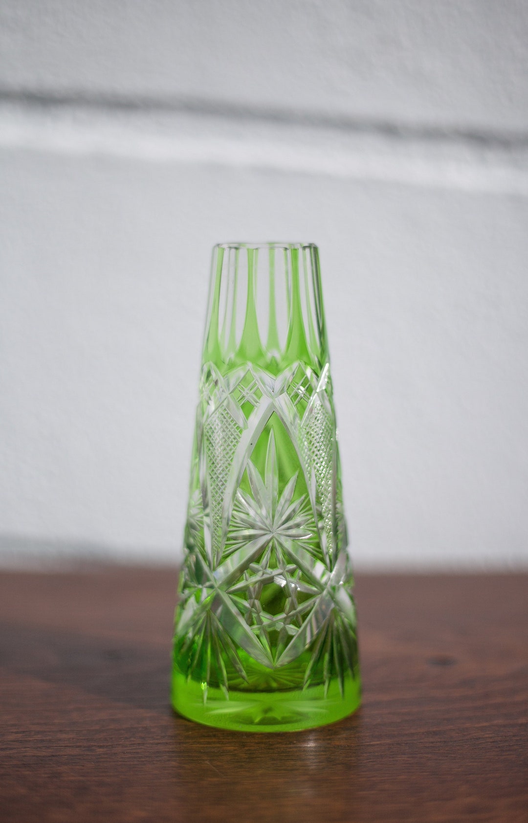 Vintage Boho Crystal Vase, Green Chiseled Vase, Small Conical Vase ...