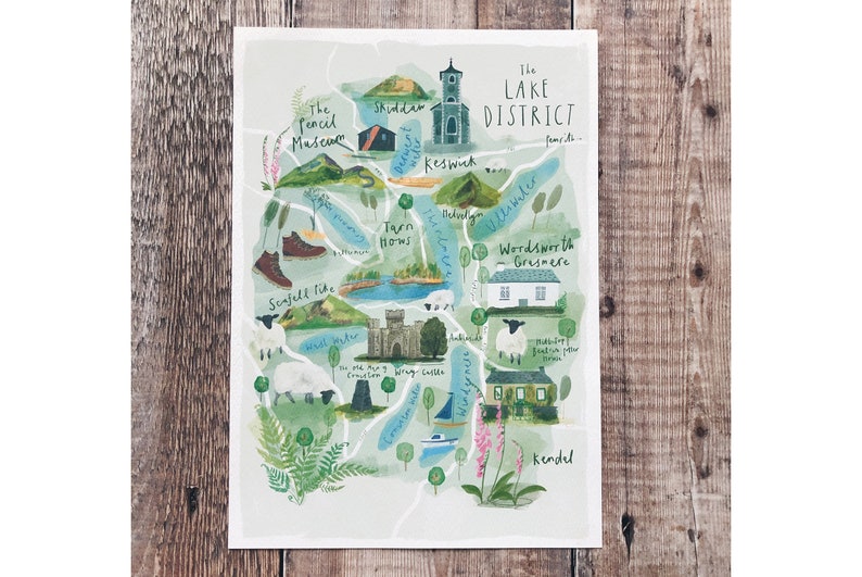 Lake District Map Print | Illustrated Watercolour Cumbria Art - Etsy
