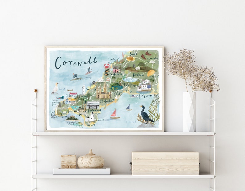 Cornwall Map Print | Illustrated Watercolour UK Art - Etsy UK
