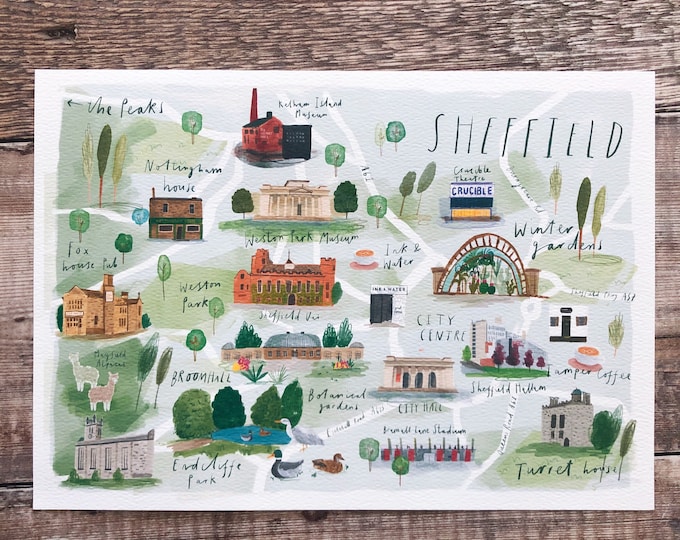 Illustrated Watercolour Map of Sheffield / A4/A3/A2 Print / Watercolour ...