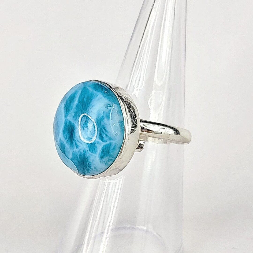 Blue Larimar Ring Hand Crafted, 925 Sterling Silver Jewelry, Round Stone Ring, Dominican ...