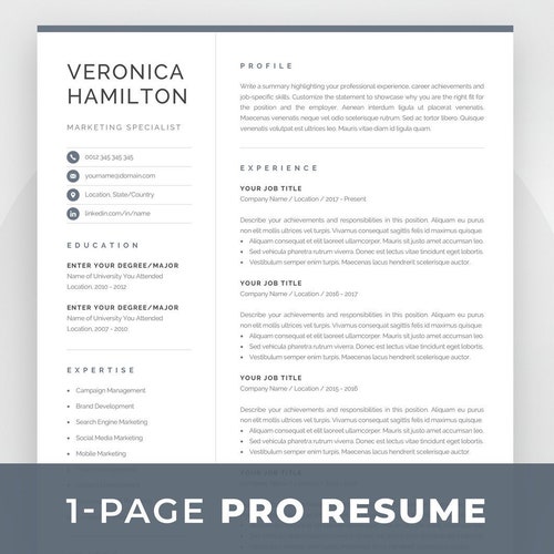 One Page Resume Template Google Docs Mac Pages Word Cv - Etsy