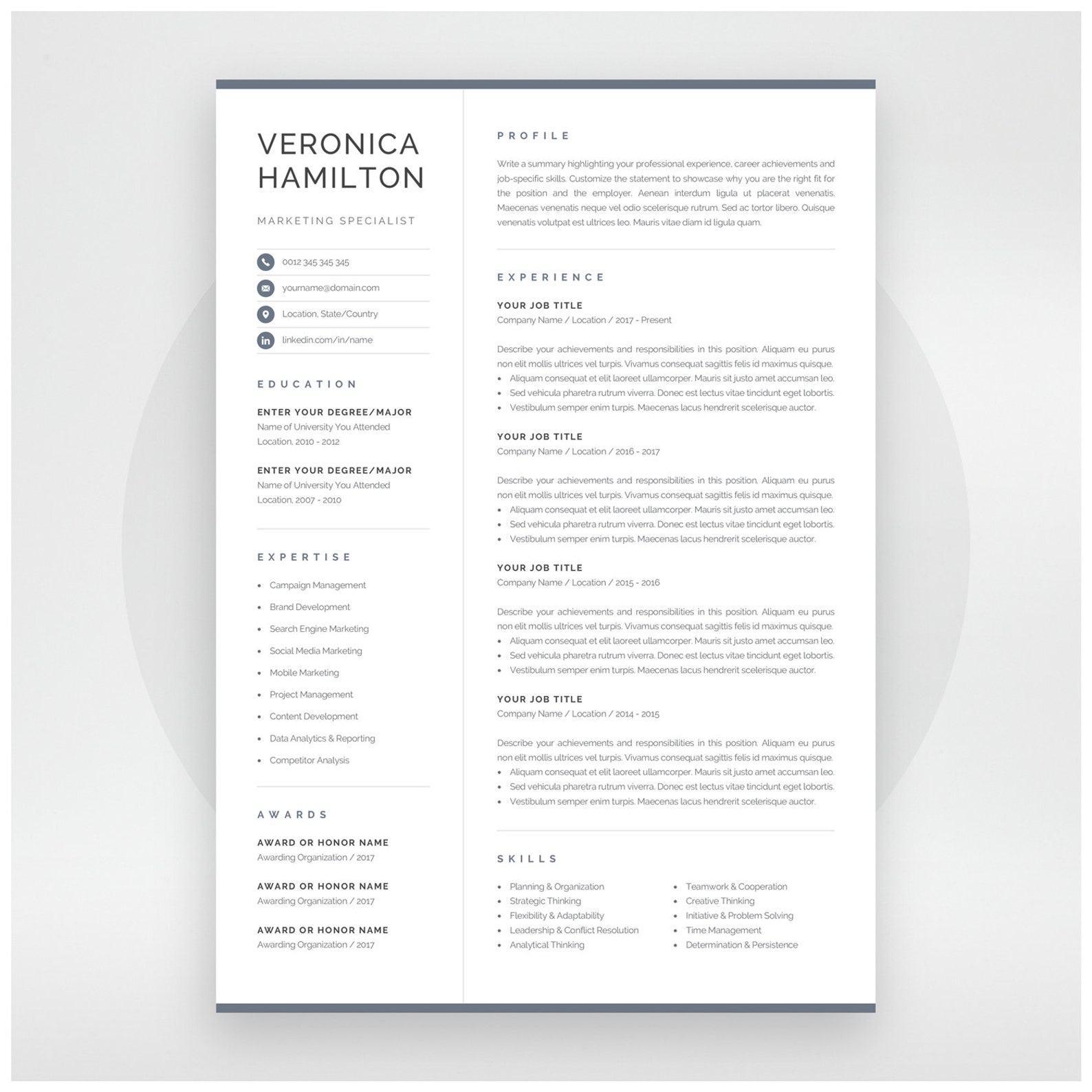 Professional Resume Template | Compact 1 Page Resume Template | Modern ...
