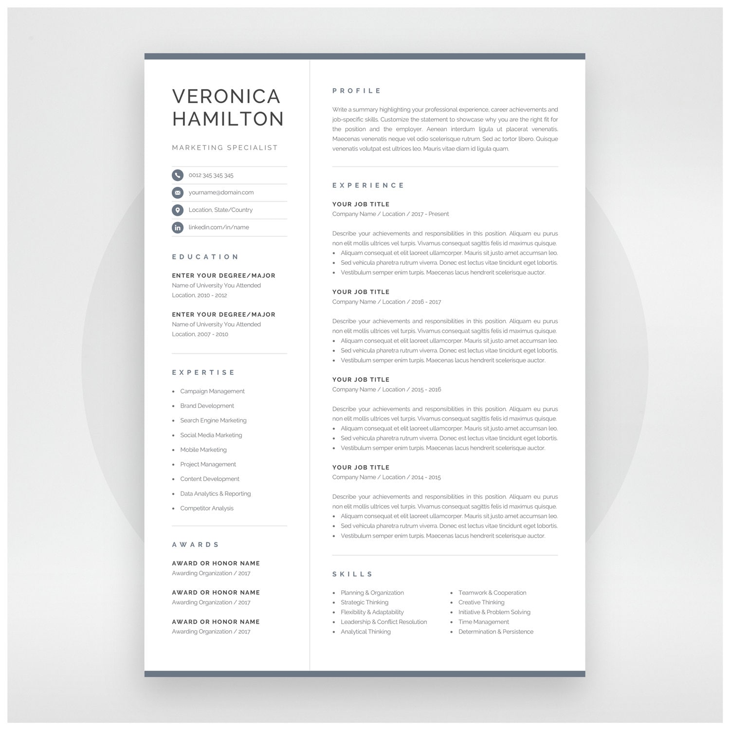 Professional Resume Template | Compact 1 Page Resume Template | Modern ...