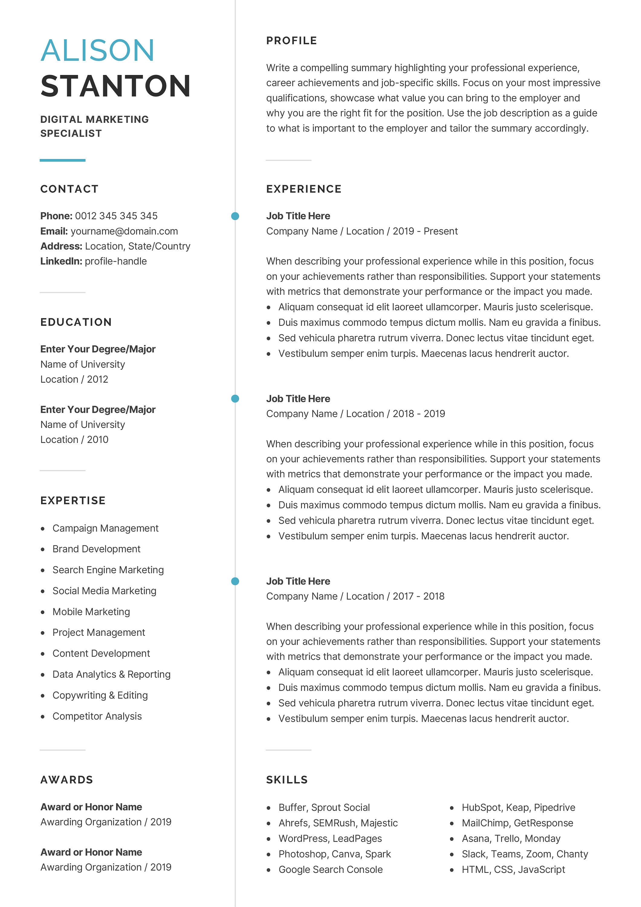 Professional 1, 2 Page Resume Template With Cover Letter and References ...