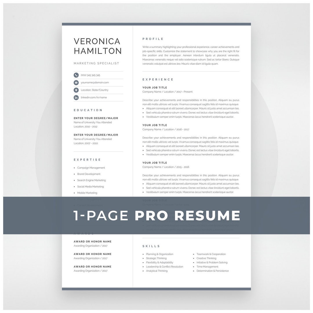 Professional Resume Template Compact 1 Page Resume Template - Etsy