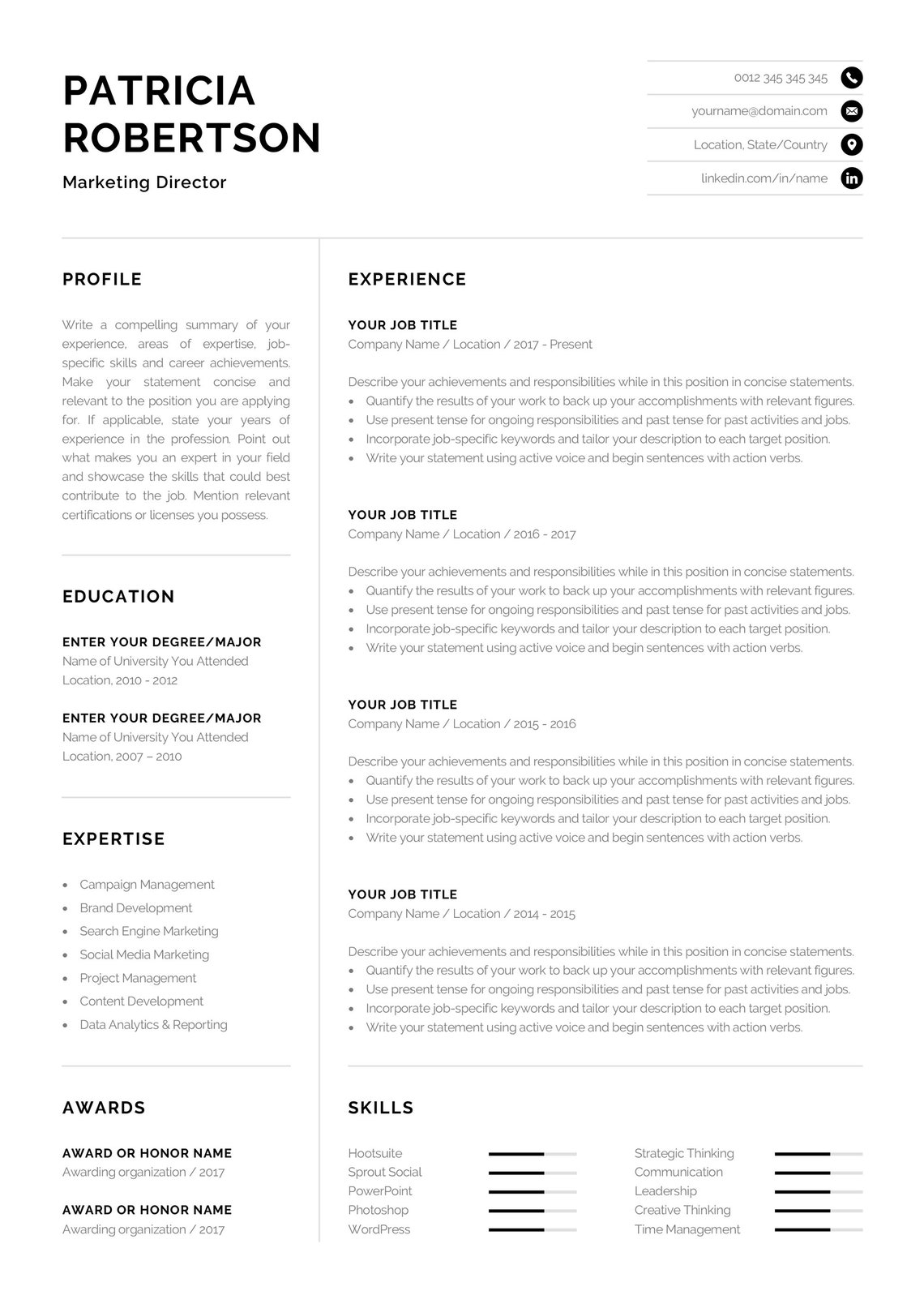 Professional 1 Page Resume Template Modern One Page CV - Etsy