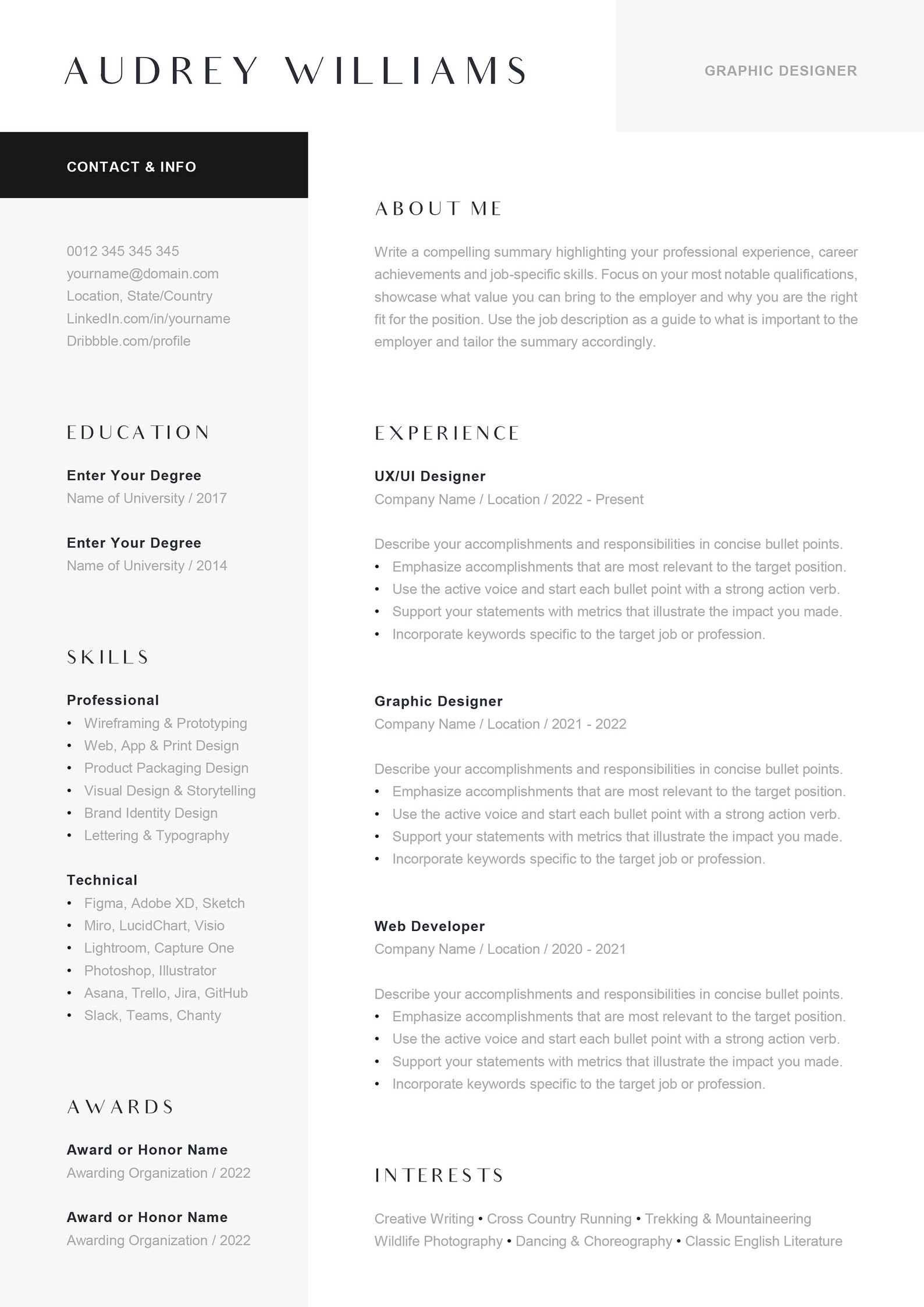 Elegant Resume Template for Word, Minimalist CV Design, Creative 1 & 2 ...