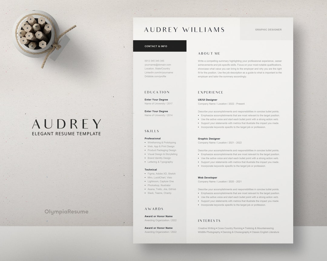 Elegant Resume Template for Word, Minimalist CV Design, Creative 1 & 2 ...