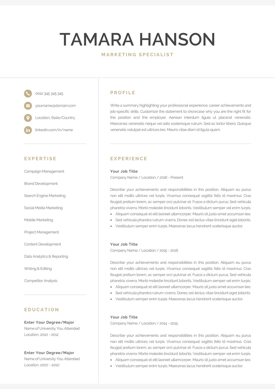 Professional Resume Template for Word & Pages Modern Marketing Resume ...