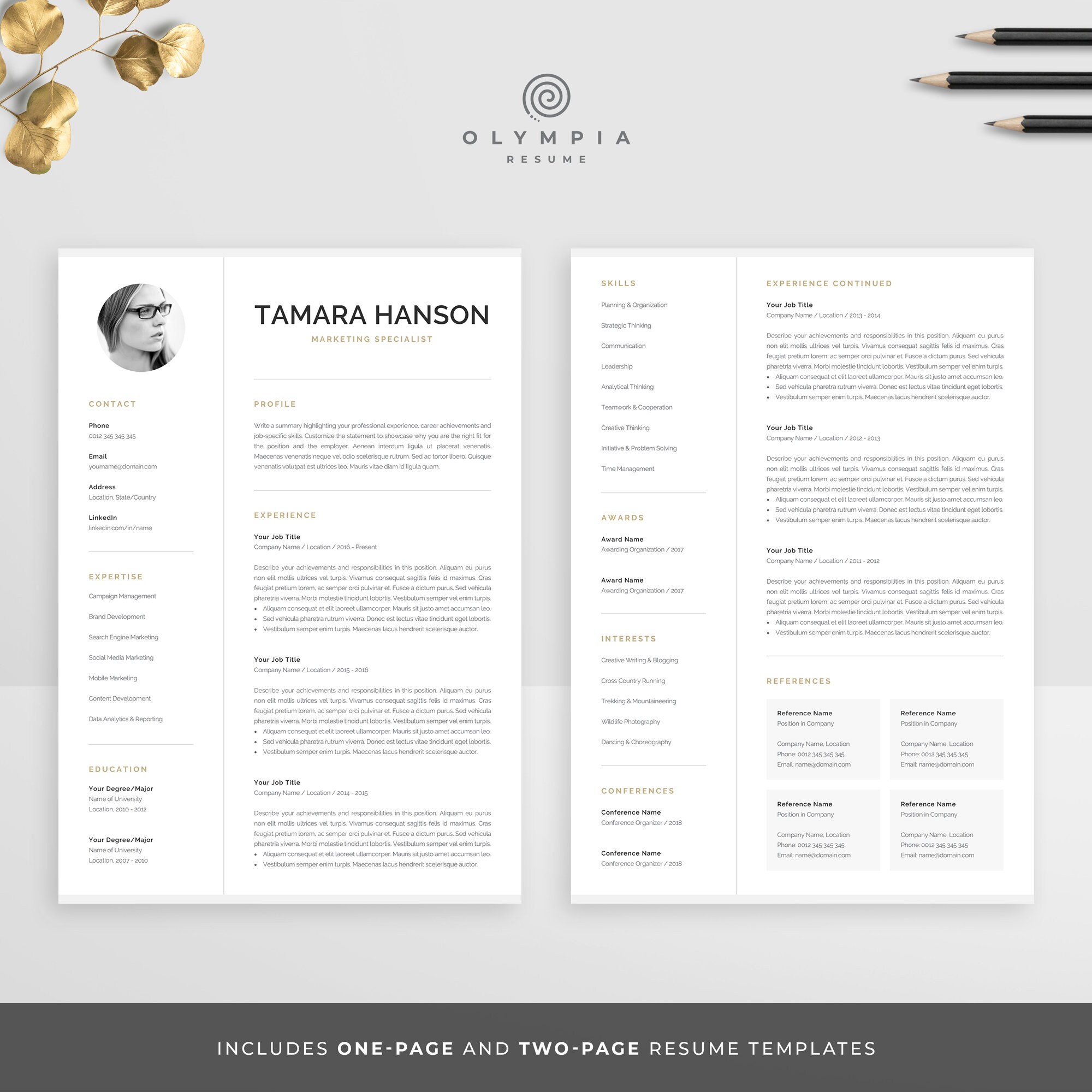 Modern CV Template With Photo | 1, 2 Page Resume | Professional Photo ...