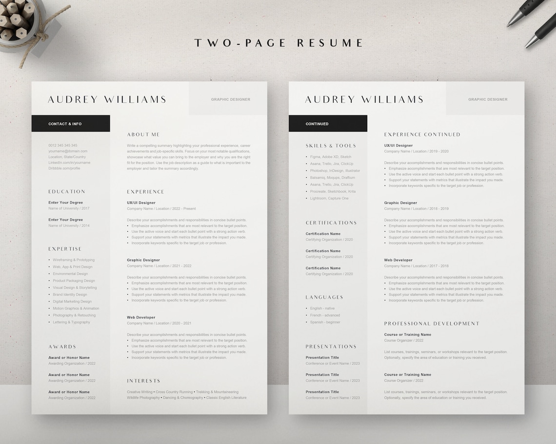 Elegant Resume Template for Word, Minimalist CV Design, Creative 1 & 2 ...