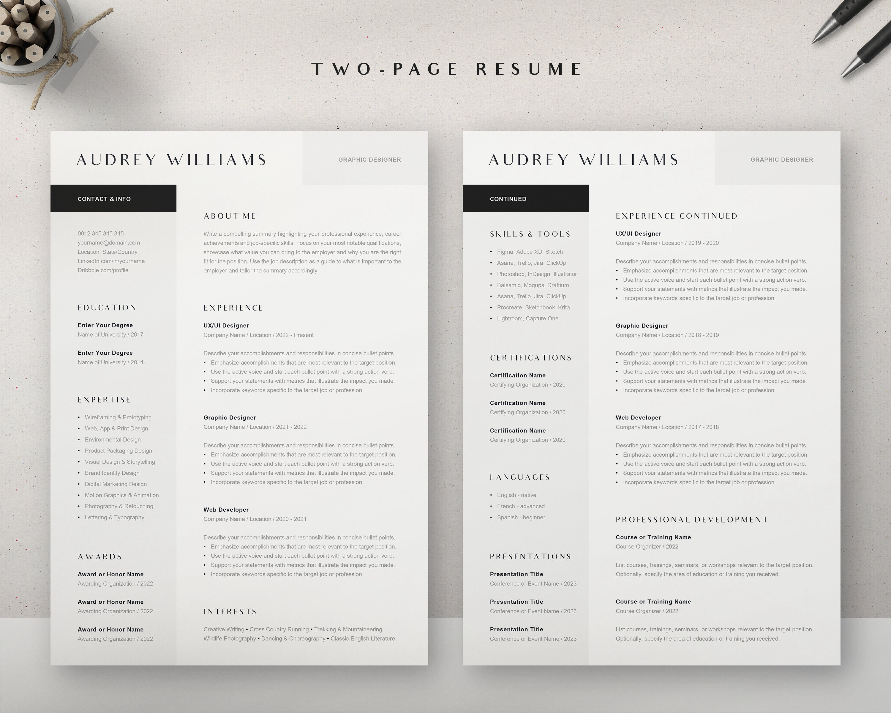 Elegant Resume Template for Word, Minimalist CV Design, Creative 1 & 2 ...