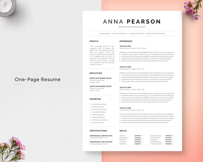 Modern 1 Page Resume Template, Professional One Page CV, Word & Mac ...