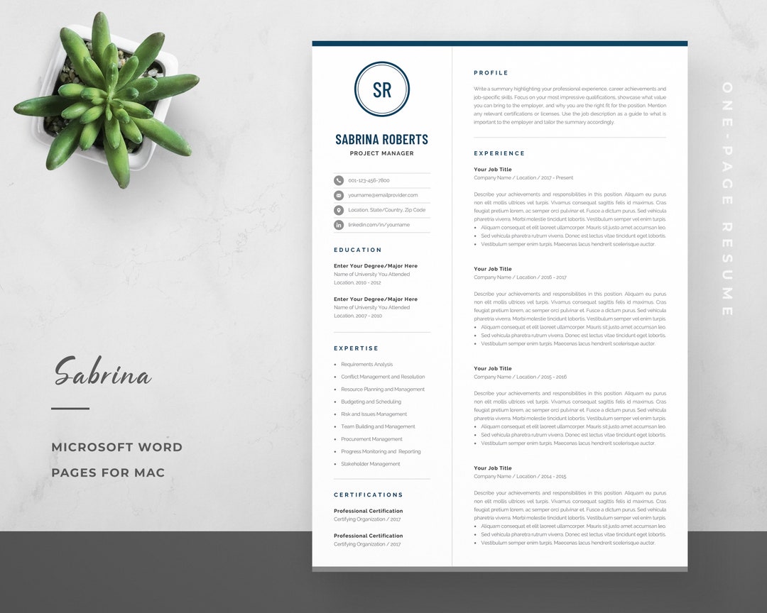 Professional 1 Page Resume Template. Modern CV Design With Monogram ...