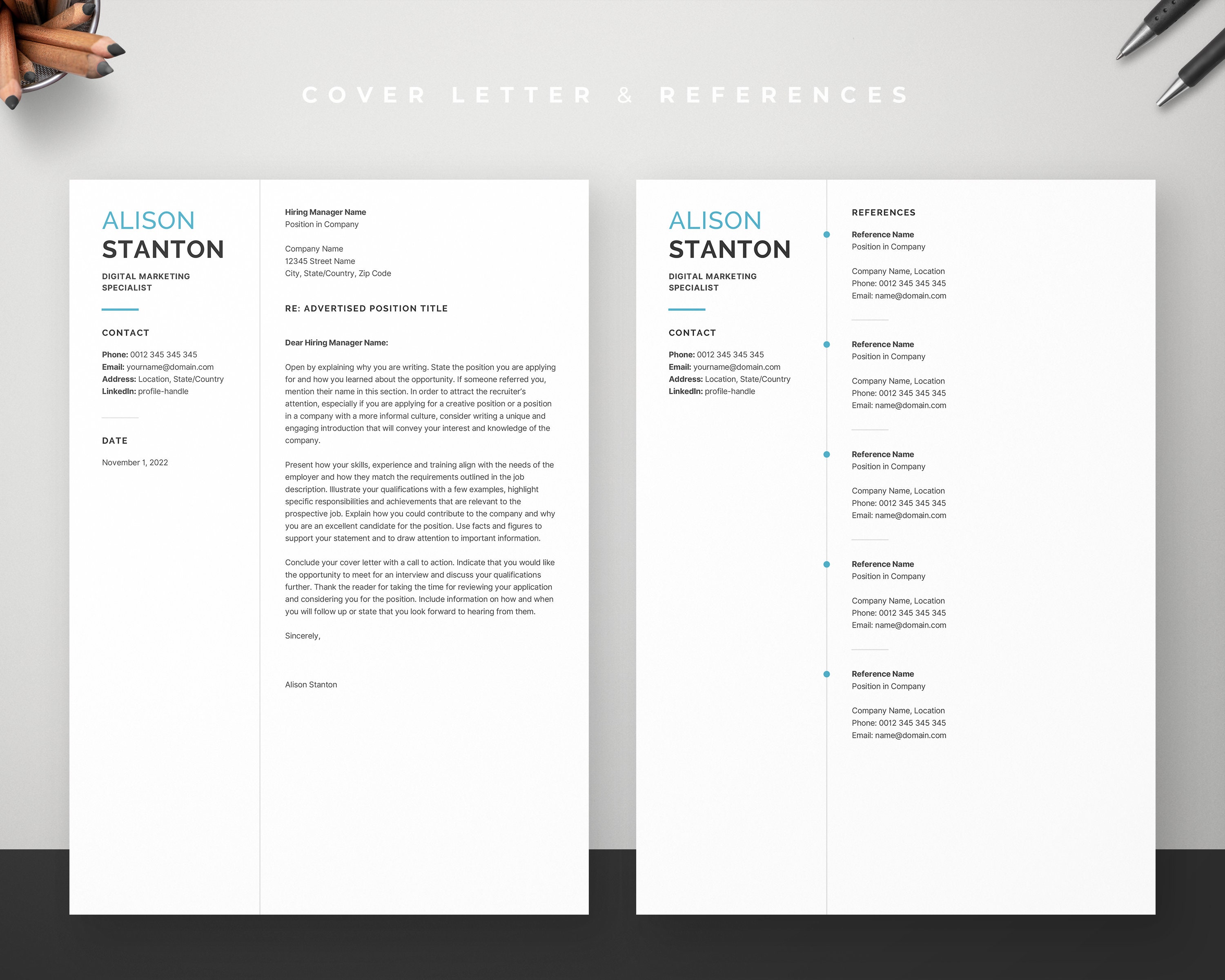 Professional 1, 2 Page Resume Template With Cover Letter and References ...