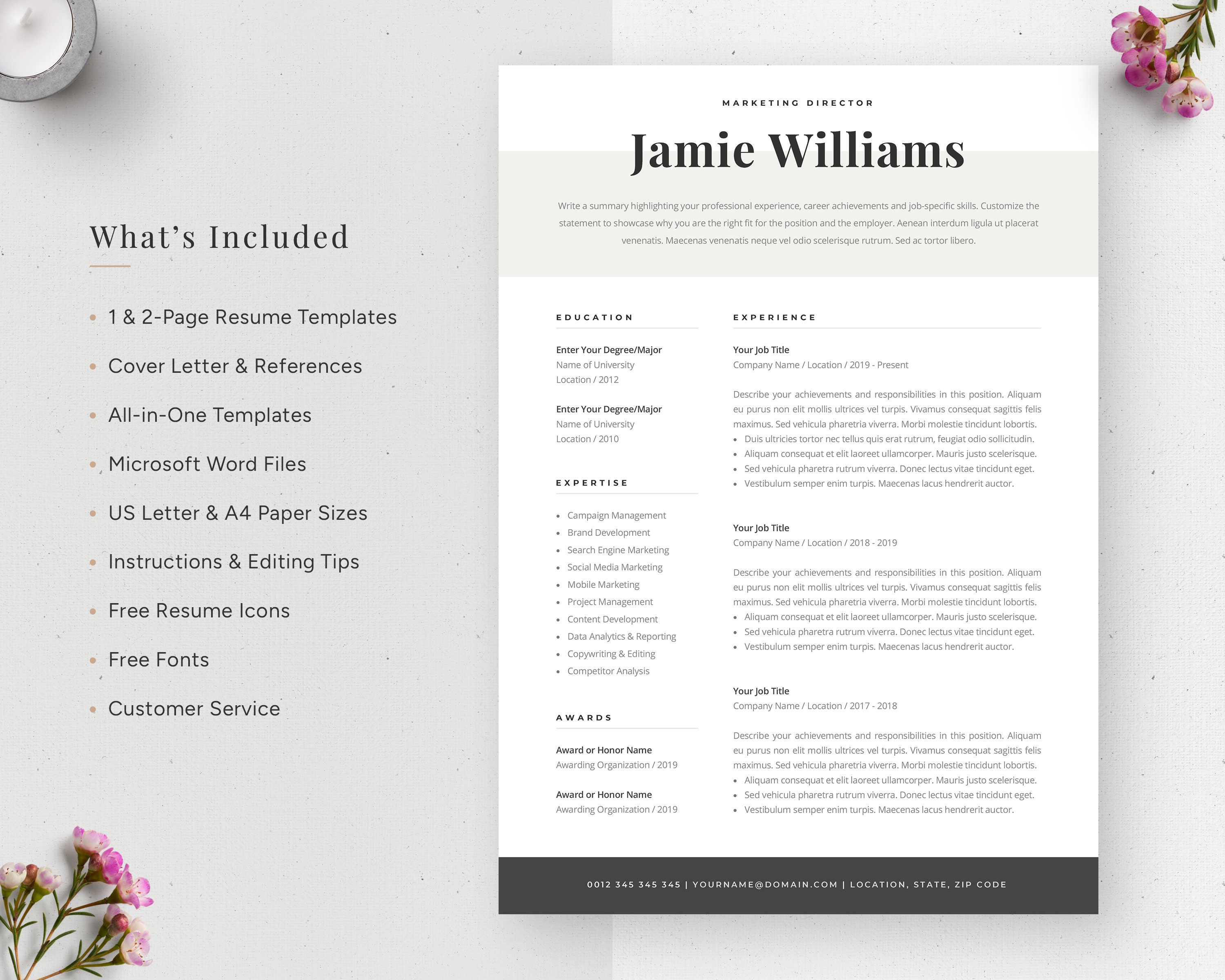 Modern Resume Template | Creative CV for Word | Elegant Design | Cover ...