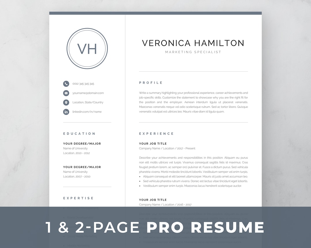 Resume Template With Monogram | 1 & 2 Page Resume | Modern Design ...