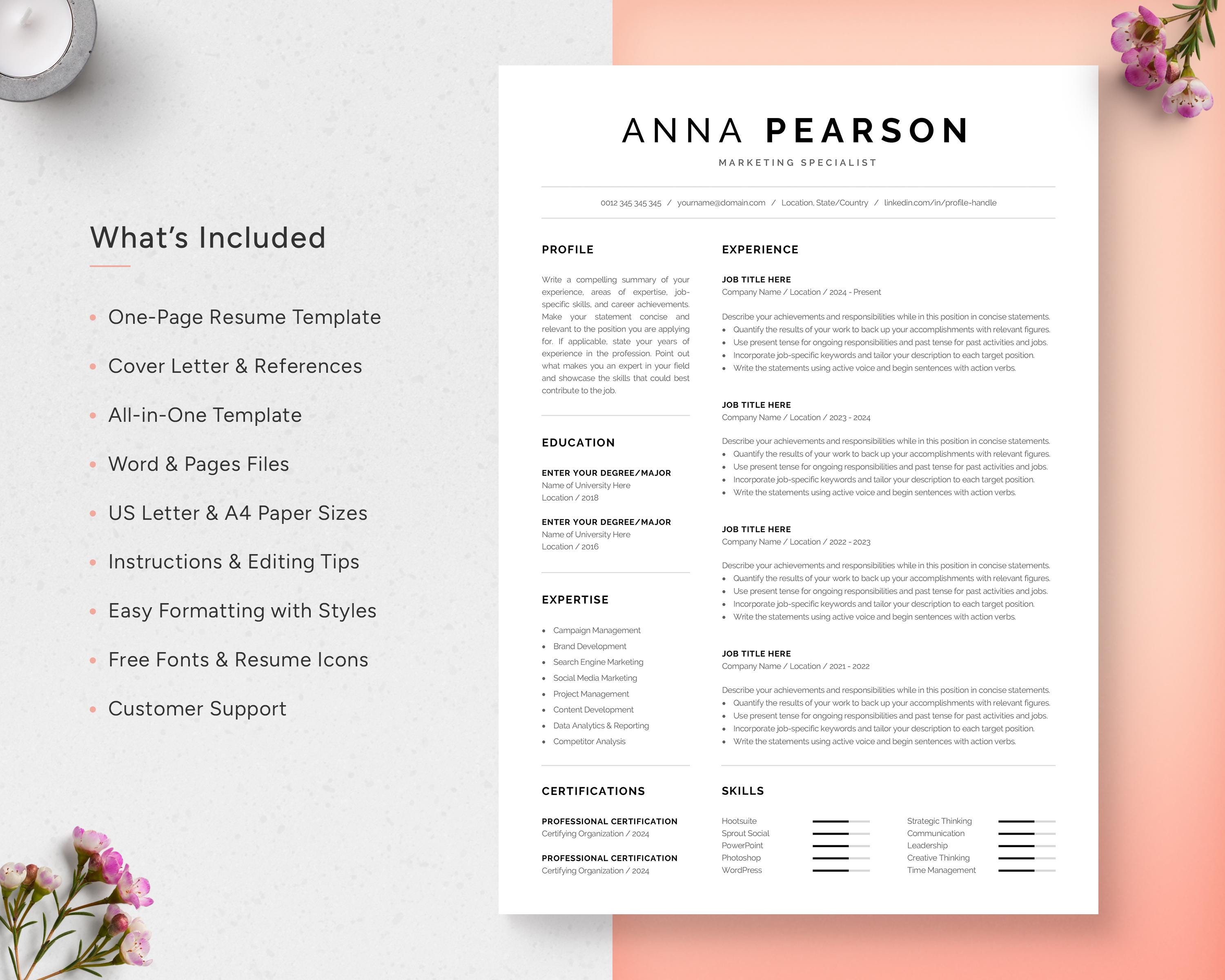 Modern 1 Page Resume Template, Professional One Page CV, Word & Mac ...
