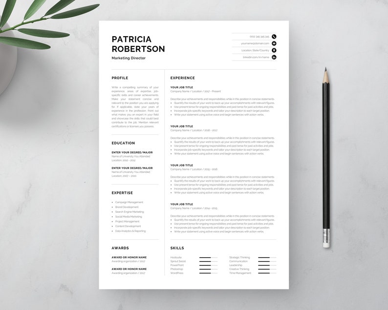 Professional 1 Page Resume Template Modern One Page CV | Etsy