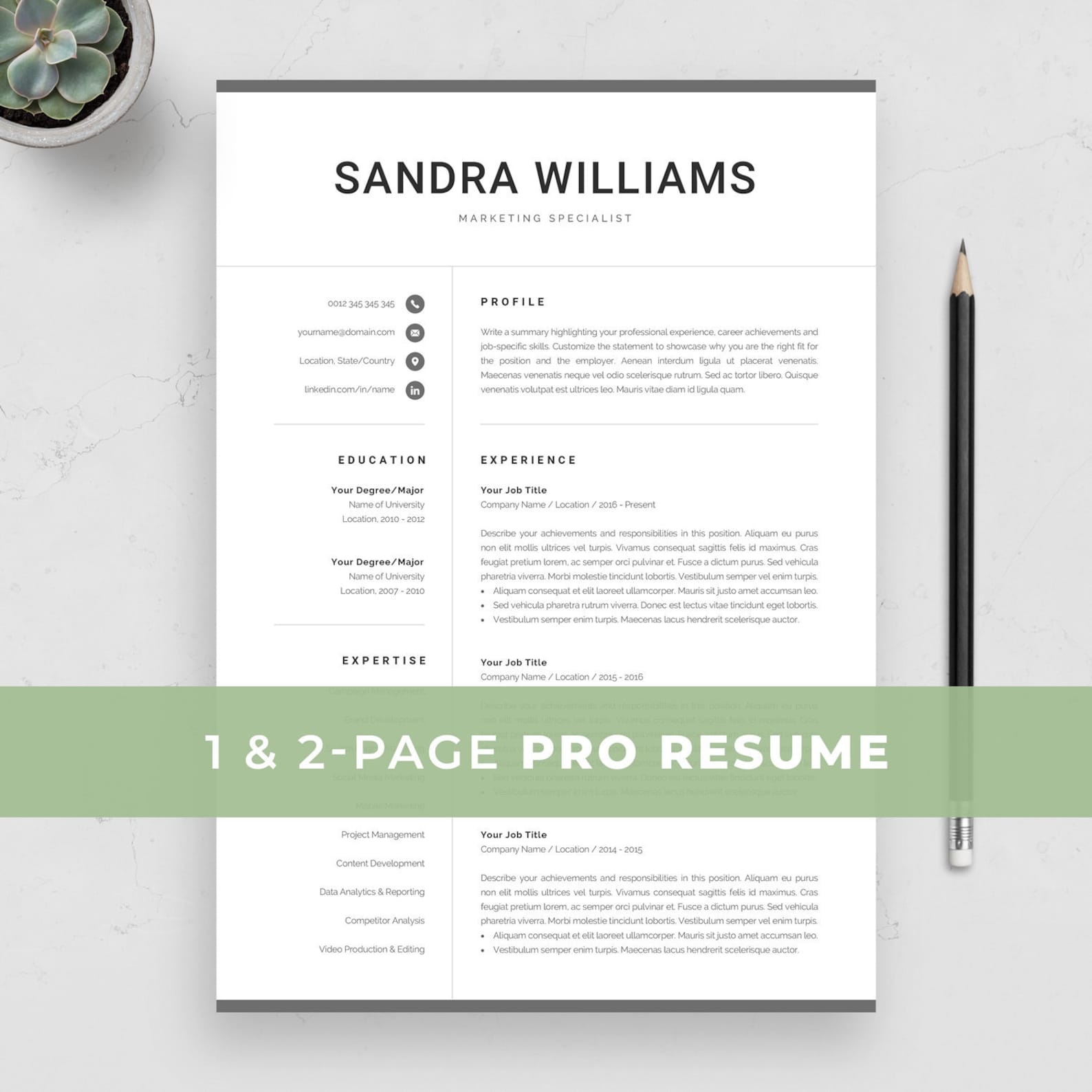 Professional Resume Template for Word, Modern CV Design, Simple 1 & 2 ...