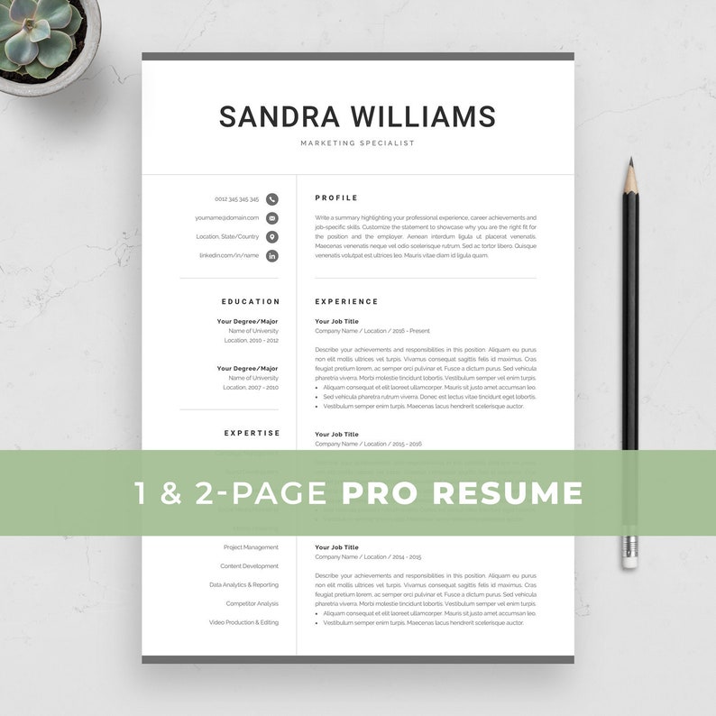 Professional Resume Template for Word, Modern CV Design, Simple 1 & 2 ...