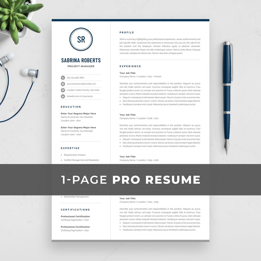 Professional 1 Page Resume Template Modern One Page CV - Etsy