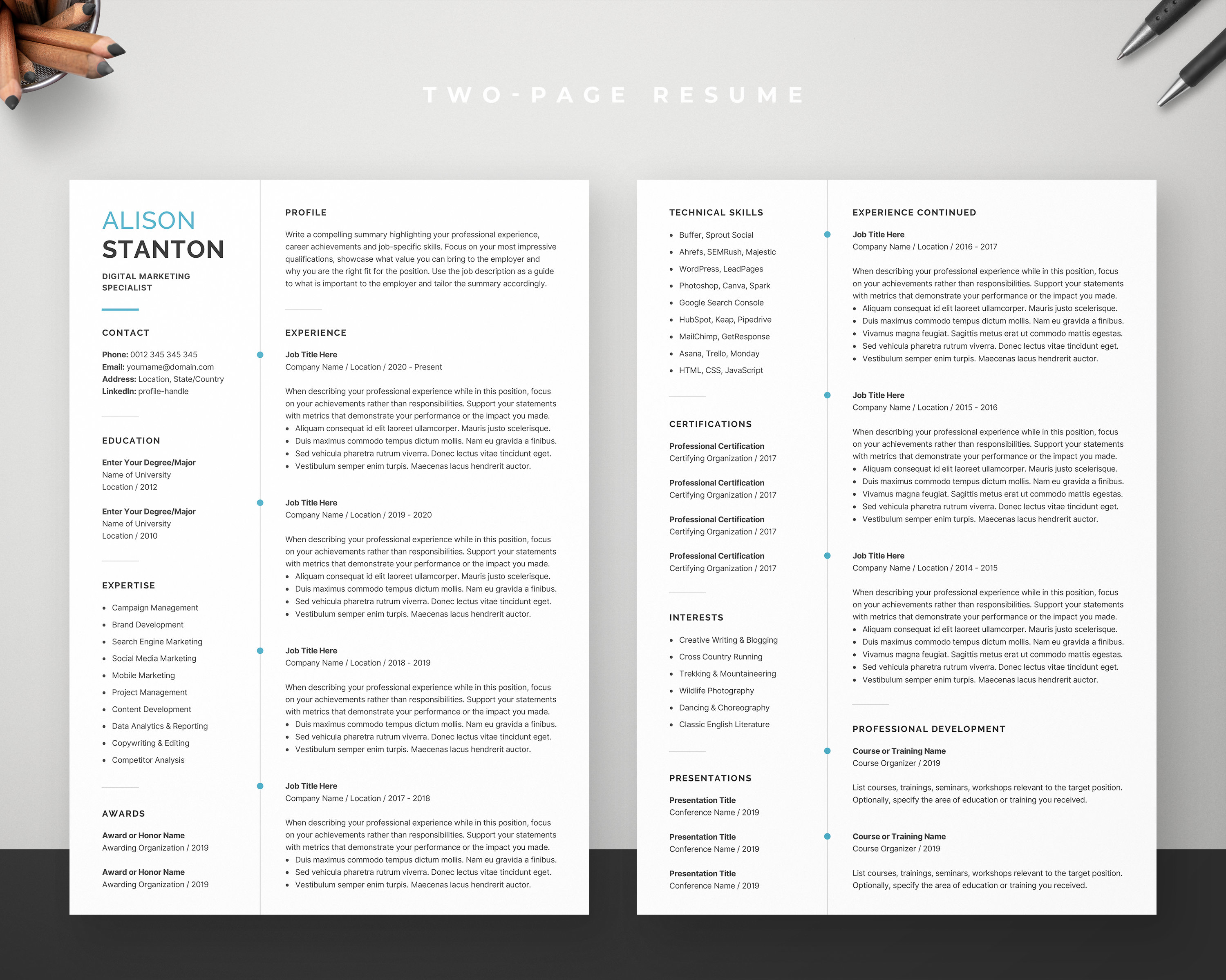 Professional 1, 2 Page Resume Template With Cover Letter and References. Modern CV for Word ...