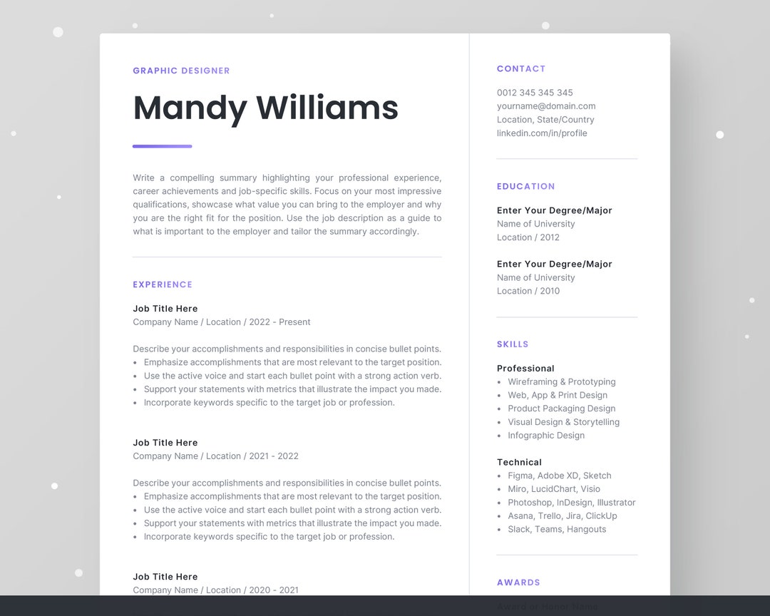Modern Resume Template for Word. Minimalist CV Design. 1 & 2 - Etsy