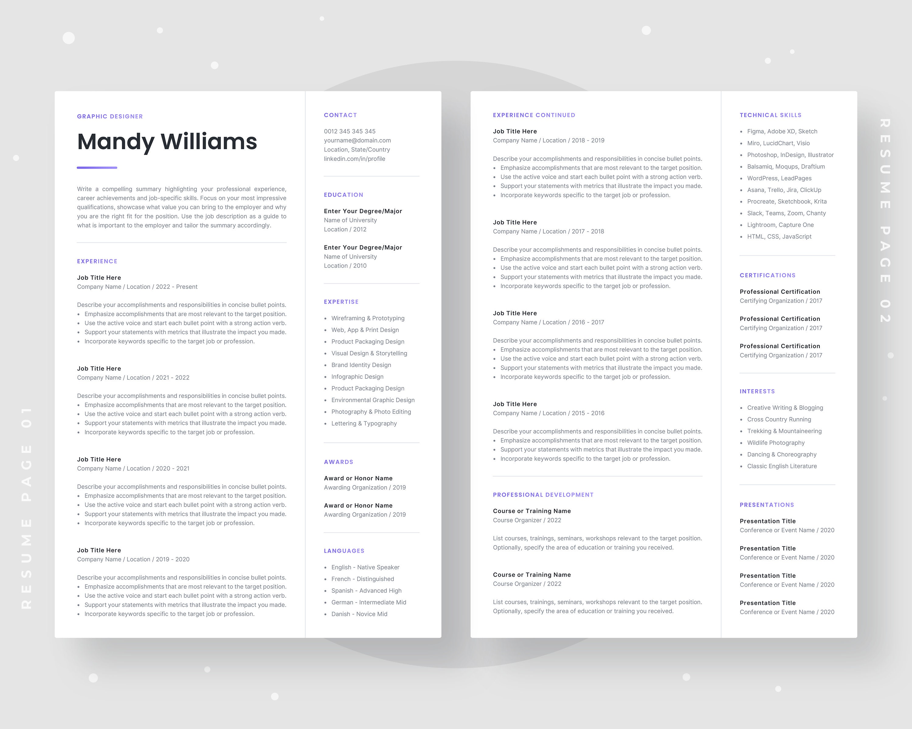 Modern Resume Template for Word. Minimalist CV Design. 1 & 2 Page ...