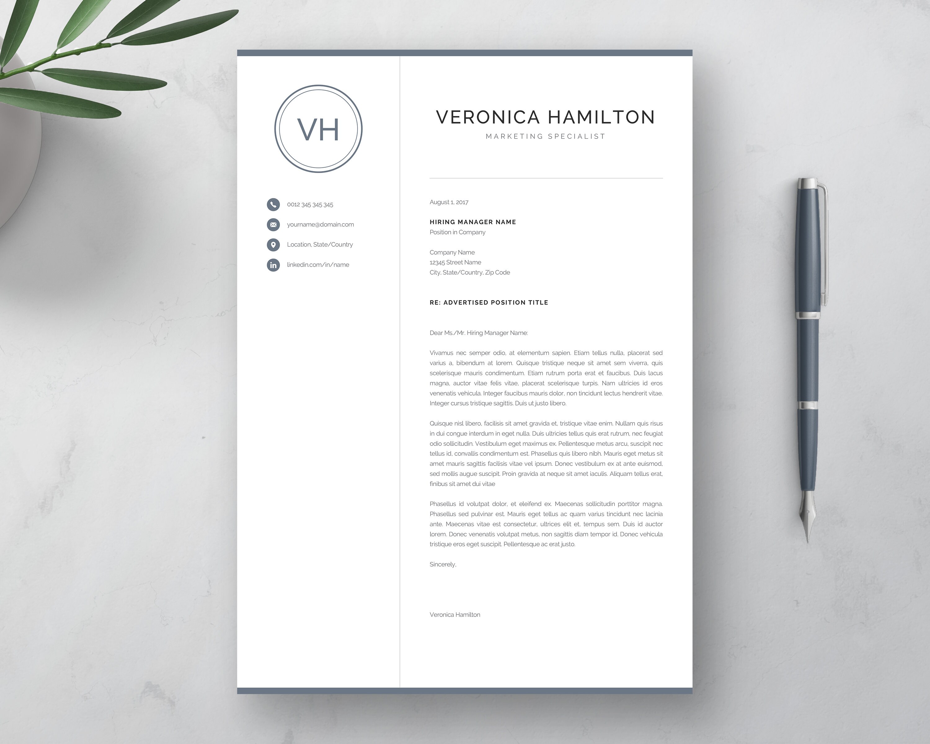 Resume Template With Monogram | 1 & 2 Page Resume | Modern Design ...