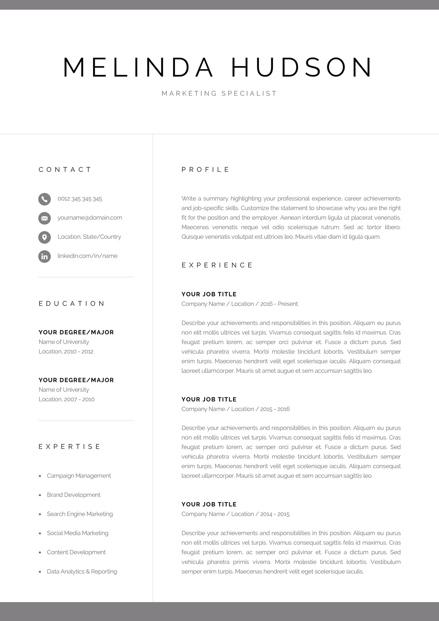 Modern Resume Template for Word & Mac Pages | Professional 1 / 2 Page ...