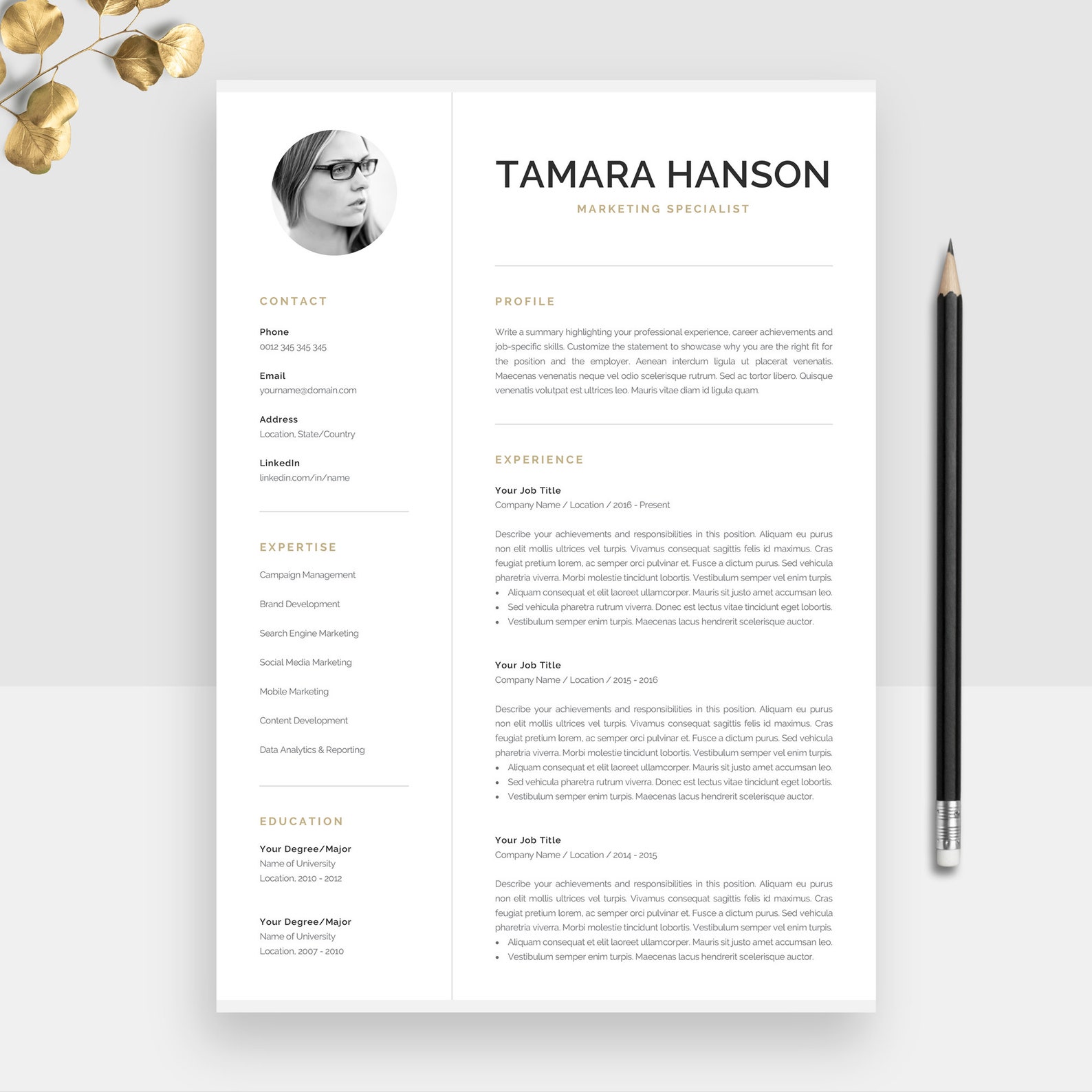 Modern CV Template With Photo | 1, 2 Page Resume | Professional Photo ...
