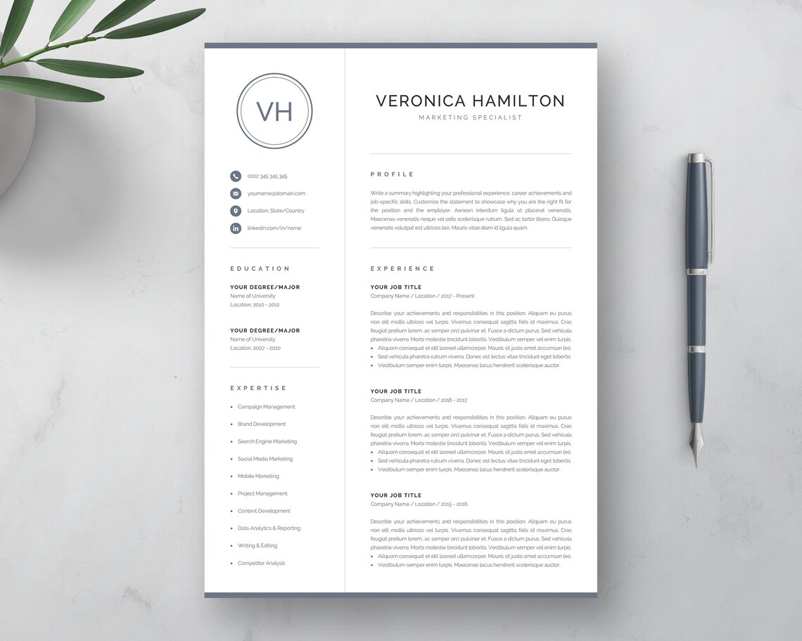 Resume Template With Monogram 1 & 2 Page Resume Modern - Etsy