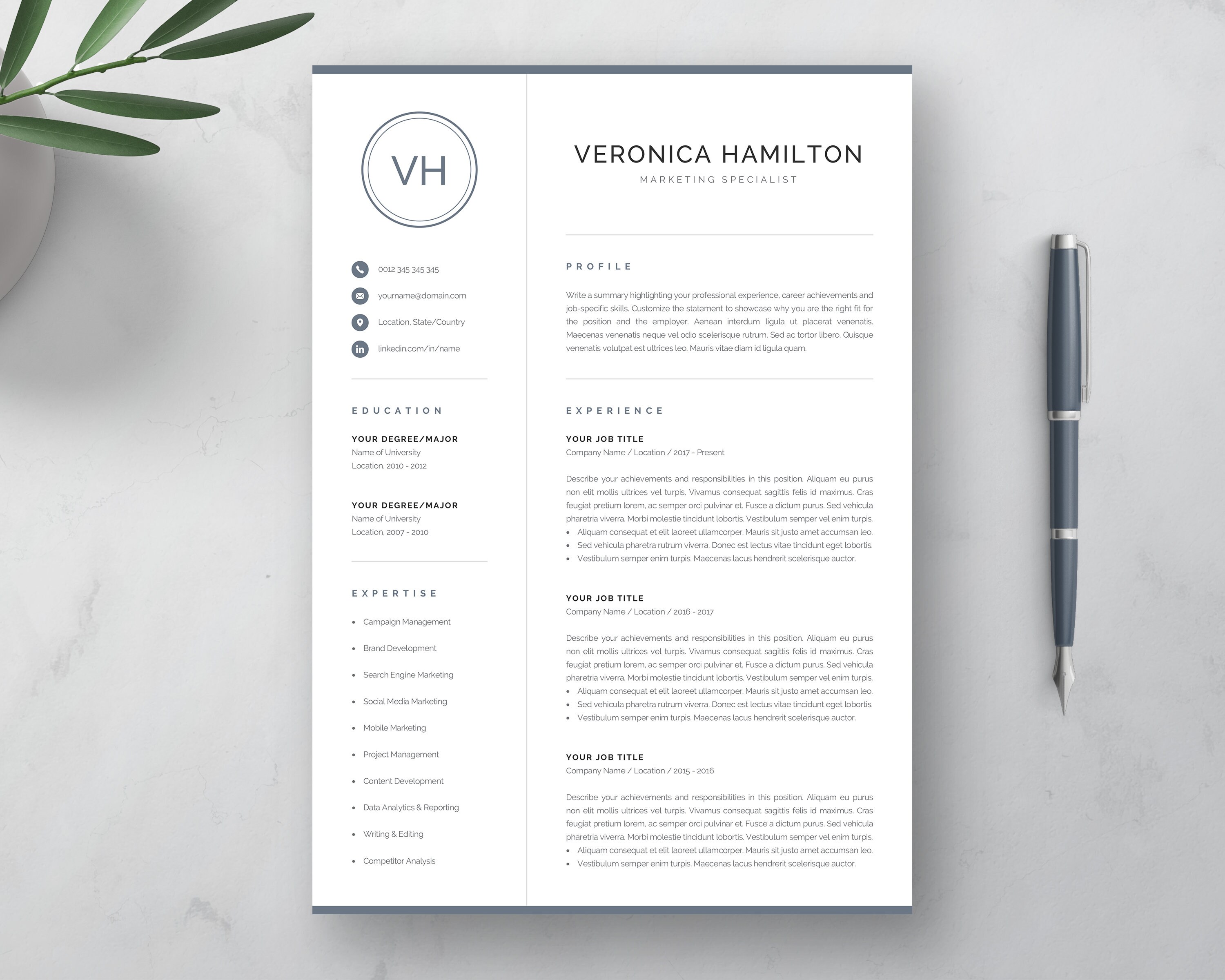 Resume Template With Monogram | 1 & 2 Page Resume | Modern Design ...