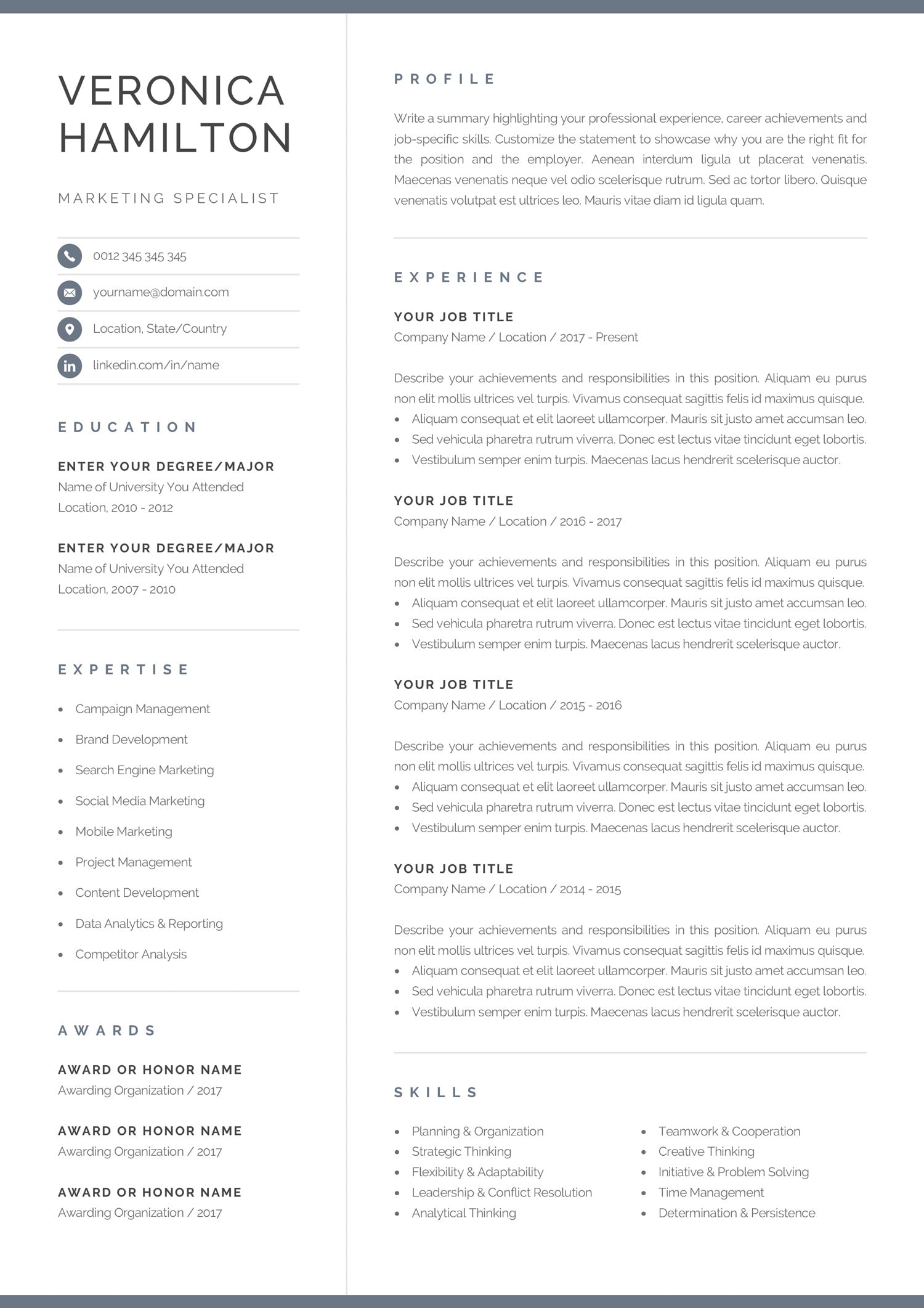 Professional Resume Template | Compact 1 Page Resume Template | Modern ...