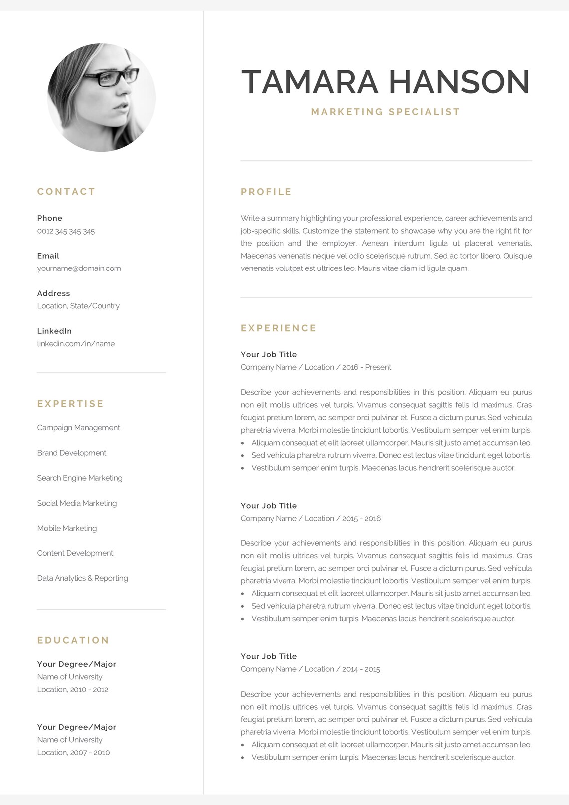 Modern CV Template With Photo | 1, 2 Page Resume | Professional Photo ...